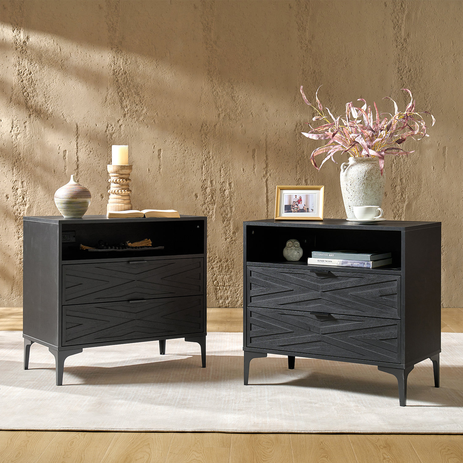 Gracie Oaks Lindley 28"W Modern 2-Drawer Nightstand with Charging Port and Open Shelf(Set of 2 ...